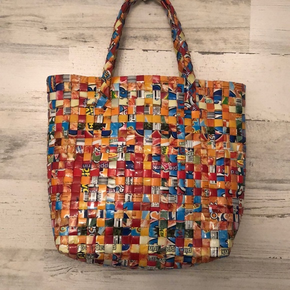 Bags | Trendy Repurposed Label Tote Bag | Poshmark